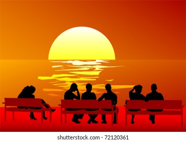 Vector Drawing People On City Benches Stock Vector (Royalty Free ...