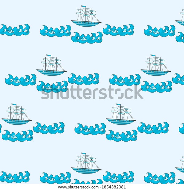 Vector Drawing Sea Waves Ships Stock Vector (Royalty Free) 1854382081 ...