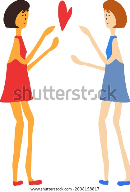 Vector Drawing Two Girls Heart Handmade Stock Vector (Royalty Free ...