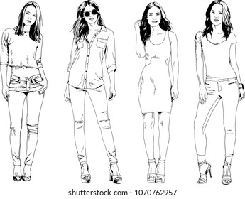 Line Art Three Girls Standing Coloring Stock Vector (Royalty Free ...