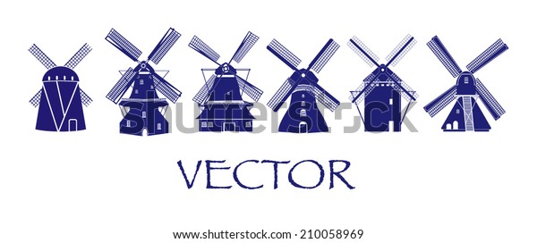 Vector Dutch Windmills Illustrations Delft Blue Stock Vector (Royalty ...