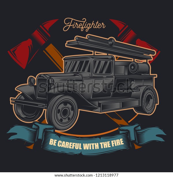 Vetor stock de Vector Emblemfire Truck On Background Fire (livre de ...