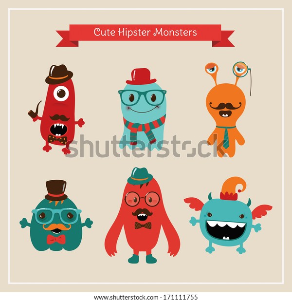 Vector Freaky Cute Retro Hipster Monsters 스톡 벡터(로열티 프리) 171111755 ...