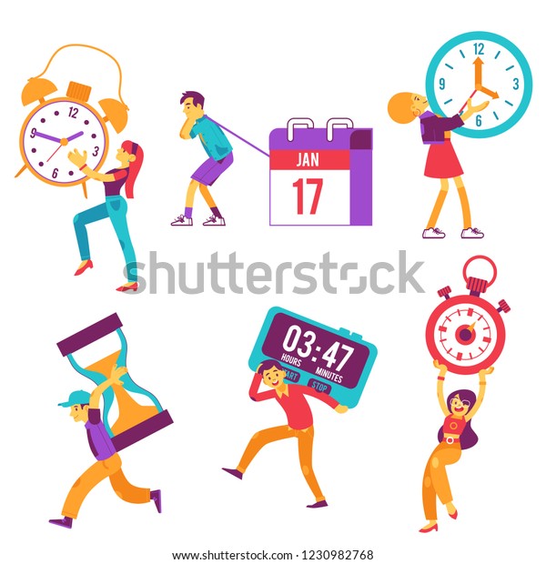 Vector Funny Characters Holding Symbols Time Stock Vector (Royalty Free ...