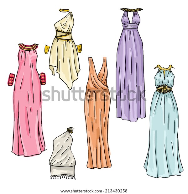 Vector Hand Drawn Beautiful Greek Dresses: เวกเตอร์สต็อก (ปลอดค่า ...