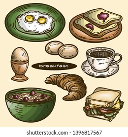Vector Hand Drawn Colorful Set Breakfast Stock Vector (Royalty Free ...