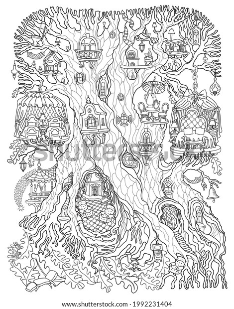 Vector Hand Drawn Fantasy Old Tree Stock Vector (Royalty Free) 1992231404