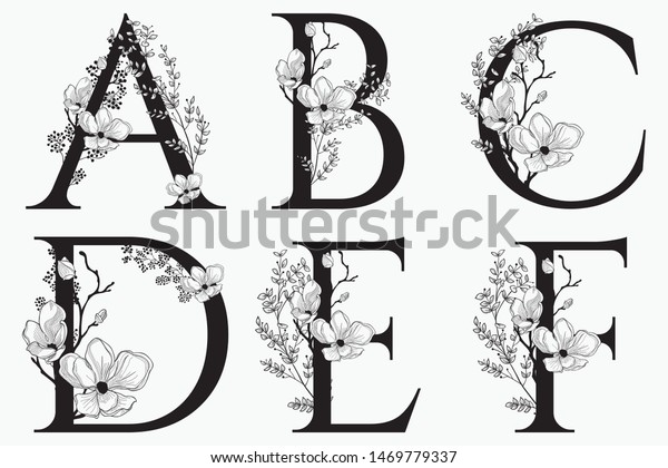 Vector Hand Drawn Floral Alphabet Monograms or Logos. Letters A, B, C ...