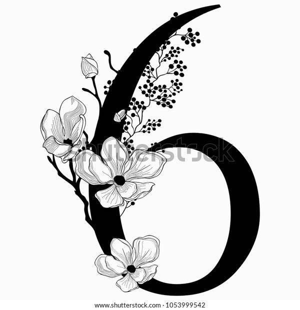 Vector Hand Drawn Floral Number Six Stock Vector (Royalty Free) 1053999542