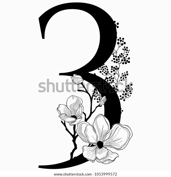 Vector Hand Drawn Floral Number Three Stock Vector (Royalty Free ...
