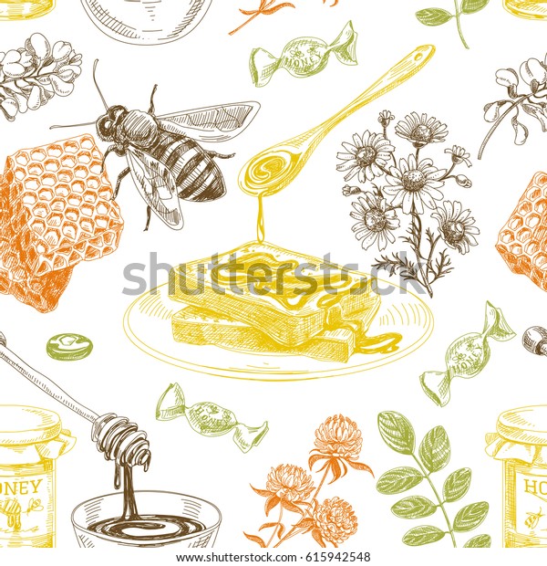 Vector Hand Drawn Honey Seamless Pattern Stock Vector (Royalty Free ...