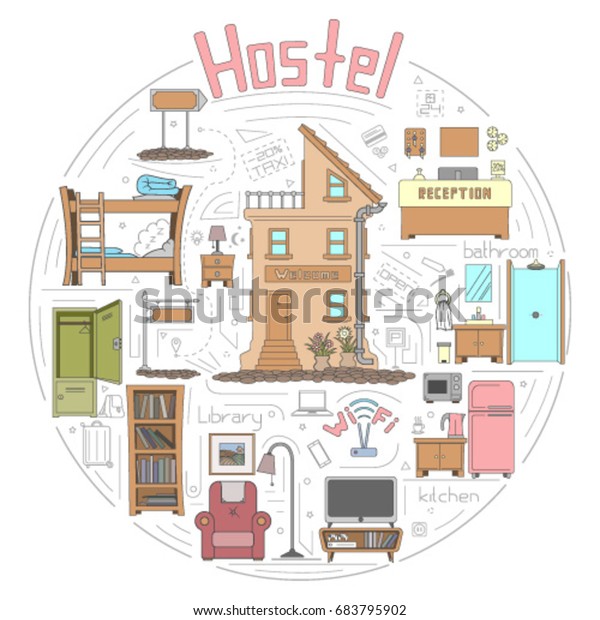 Vector Hand Drawn Illustration Hostel Set Stock Vector (Royalty Free ...