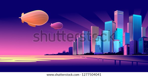 Vector Horizontal Illustration Night City Landscape Stock Vector ...