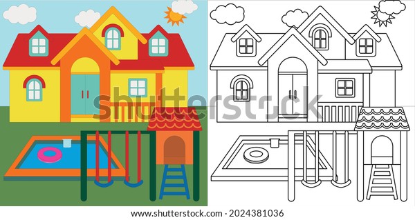 Vector House Swimming Pool Playground Coloring Stock Vector (Royalty ...