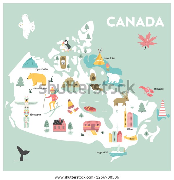 Vector Illustrated Cartoon Map Canada Symbols Stock Vector (Royalty ...