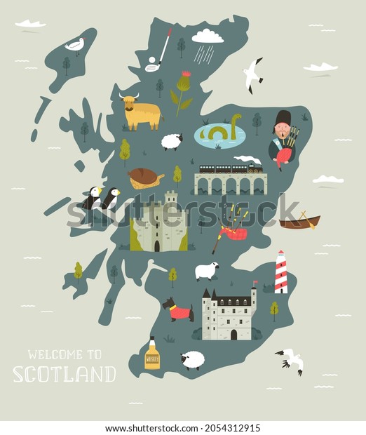 Vector Illustrated Map Scotland Famous Landmarks Stock Vector (Royalty ...