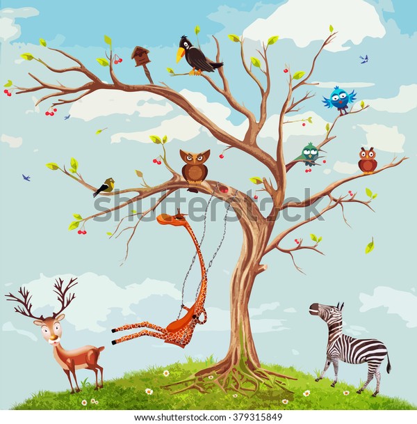 Vector illustration of animals on the tree.Bunch of cute little ...
