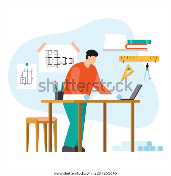 Vector Illustration Architect Cartoon Scene Architecture Stock Vector ...