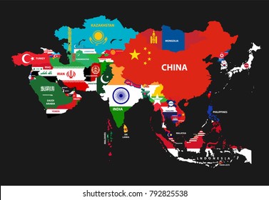 Detailed Map Asia All Countries Flags: vector de stock (libre de ...