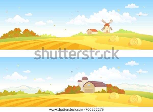 Vector Illustration Autumn Farm Fields Horizontal Stock Vector (Royalty ...