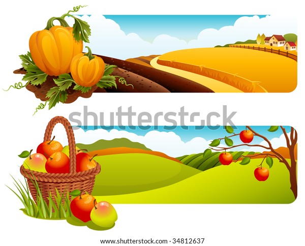 Vector Illustration Autumn Rural Landscape Banners Stock Vector ...