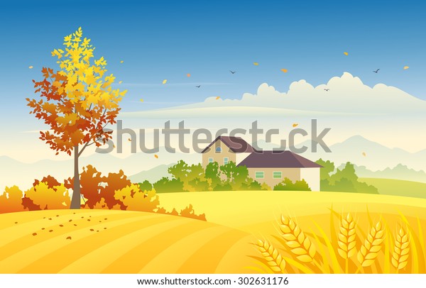 Vector Illustration Beautiful Autumn Farm Scene Stock Vector (Royalty ...