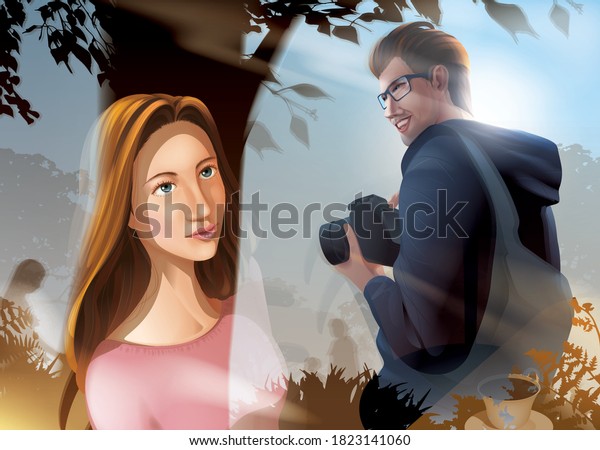 Vector Illustration Beautiful Lady Stealing Glance Stock Vector ...