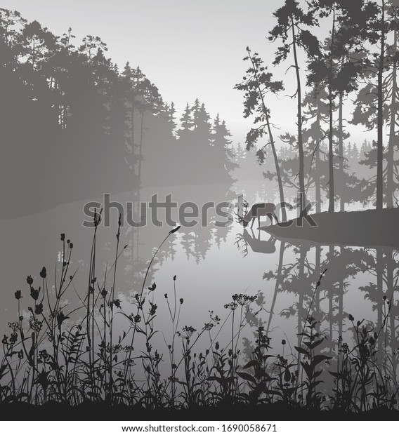 Vector Illustration Beautiful Landscape Forest Lake Stock Vector ...