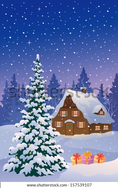 Vector Illustration Beautiful Snowy Cottage Christmastree Stock Vector ...