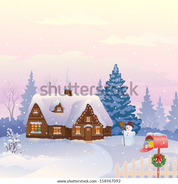 Vector Illustration Beautiful Snowy Cottage Full Stock Vector (Royalty ...