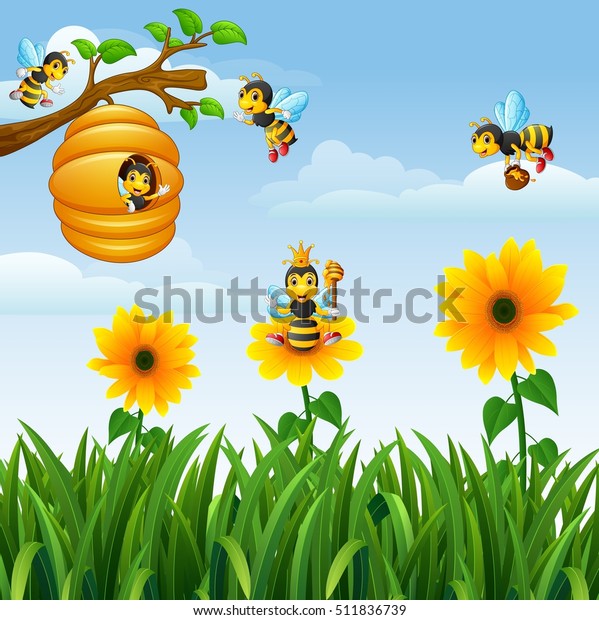 Vector Illustration Bees Flying Around Beehive Stock Vector (Royalty ...