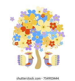 Vector Illustration Blossom Tree Roosters On Stock Vector (Royalty Free ...