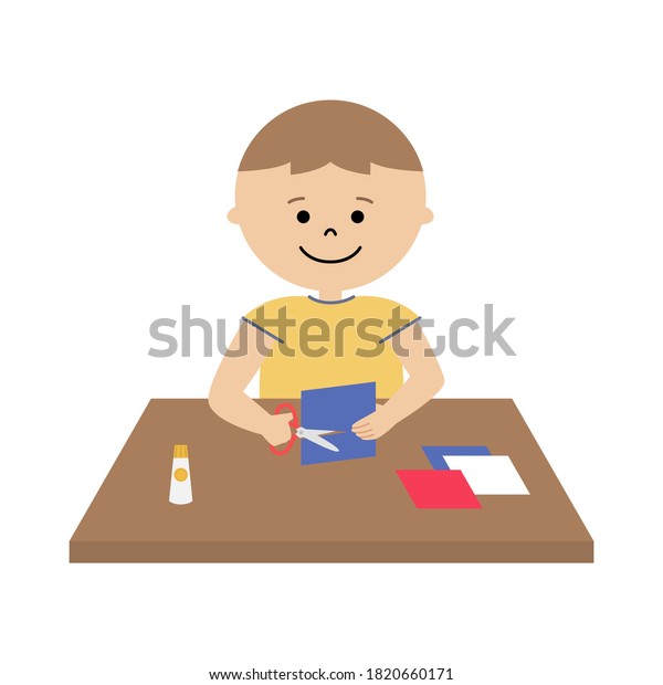 Vector Illustration Boy Cutting Paper Scissors Stock Vector (Royalty ...