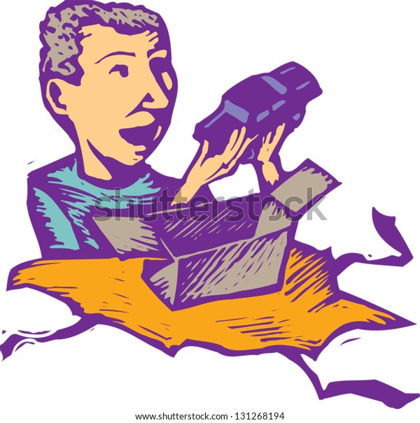 Vector Illustration Boy Unwrapping Present Stock Vector (Royalty Free ...