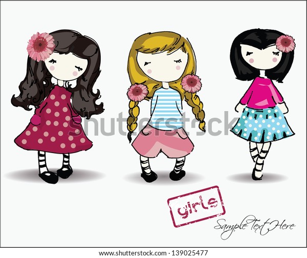Vector Illustration Cartoon Background Cute Girls 库存矢量图（免版税）139025477 ...