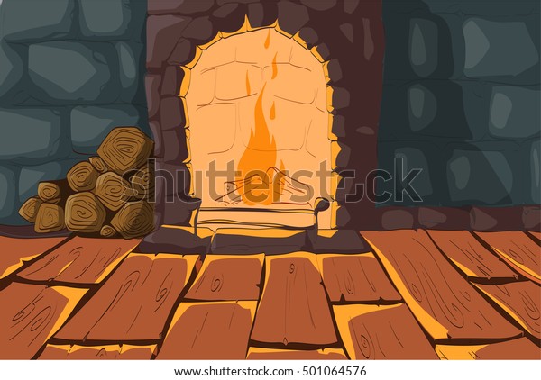Vector Illustration Cartoon Burning Fireplace Wooden Stock Vector ...
