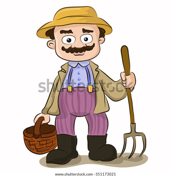 Stock vektor „Vector Illustration Cartoon Farmer Pitchfork Basket“ (bez ...