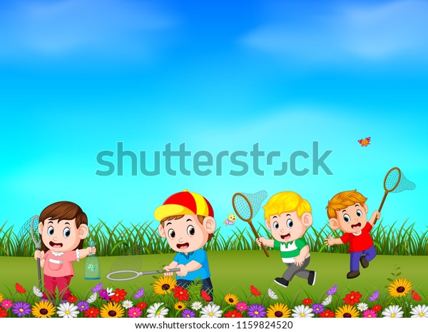 Vector Illustration Cartoon Kids Catching Butterfly: เวกเตอร์สต็อก ...