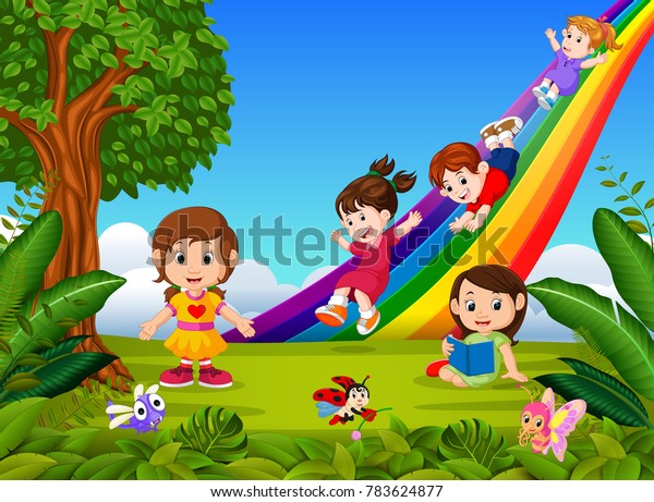 Vector Illustration Cartoon Kids Sliding Down Stock Vector (Royalty ...