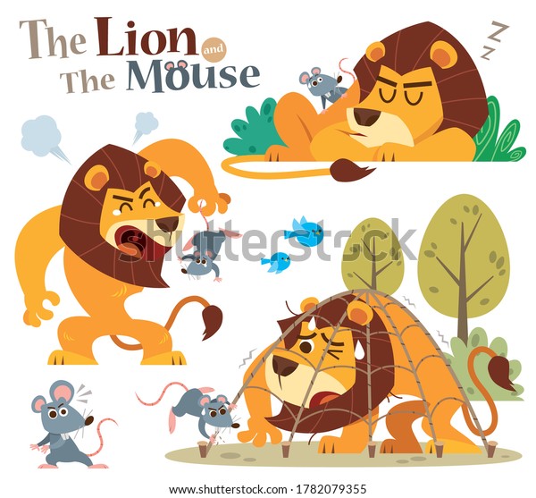 Ilustración vectorial del león y el ratón de dibujos animados