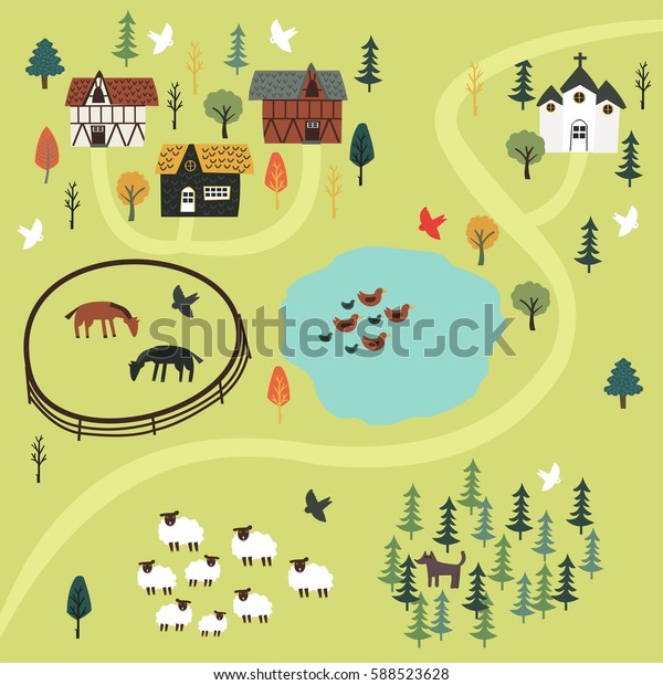 Vector Illustration Cartoon Map Countryside : image vectorielle de ...