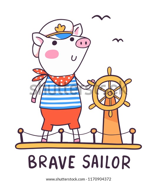 Vector Illustration Cartoon Piglet Captain Hat Stock Vector (Royalty ...