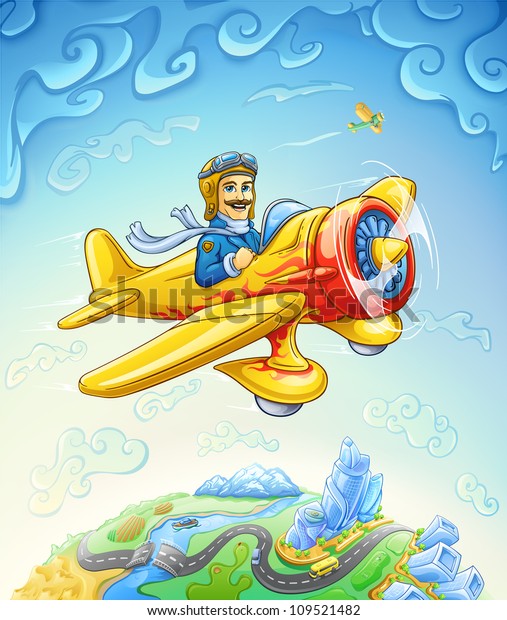 Vector Illustration Cartoon Plane Smiling Pilot Stock Vector (Royalty ...
