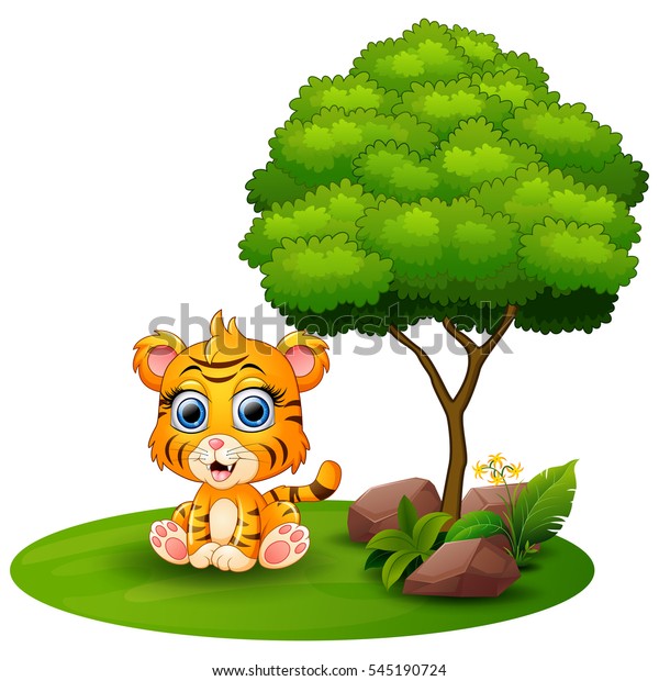 Vector Illustration Cartoon Tiger Sitting Under Stock Vector (Royalty ...