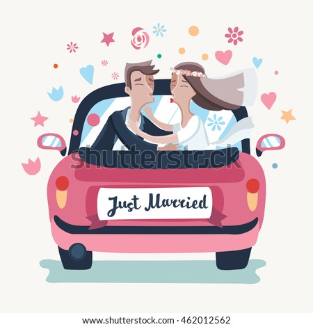 Vector Illustration Cartoon Wedding Couple Driving Stock Vector ...