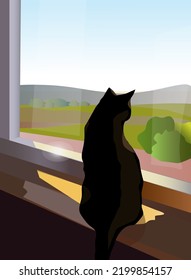 Vector Illustration Cat Sitting On Windowsill Stock Vector (Royalty ...