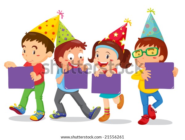 Vector Illustration Children Celebrating Holding Signs Stock Vector ...