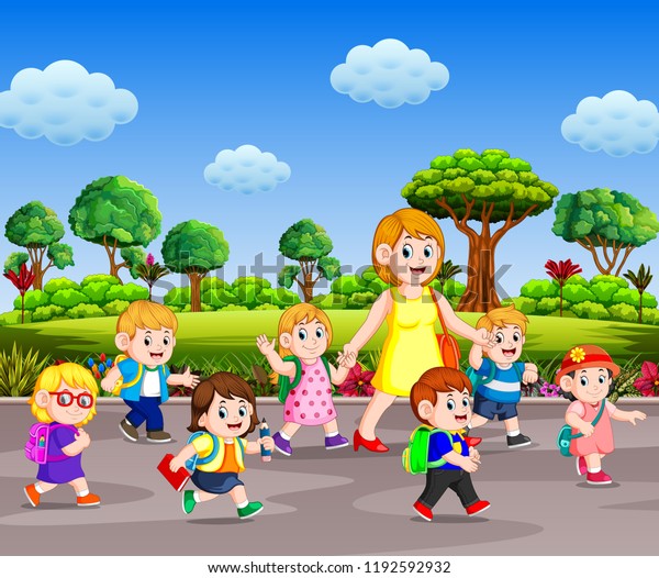 Vector Illustration Children Going School Their Stock Vector (Royalty ...