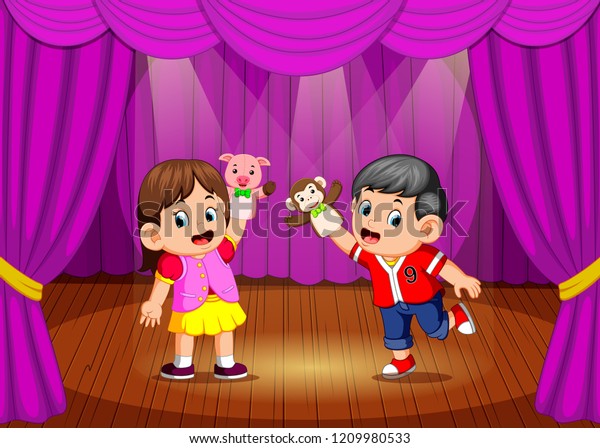 Vector Illustration Children Playing Puppet Stage Stock Vector (Royalty ...