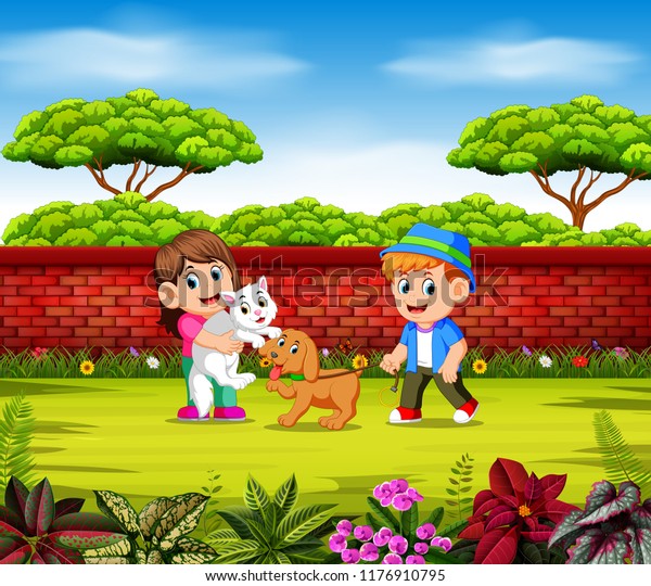 Vector Illustration Children Playing Their Pets Stock Vector (Royalty ...